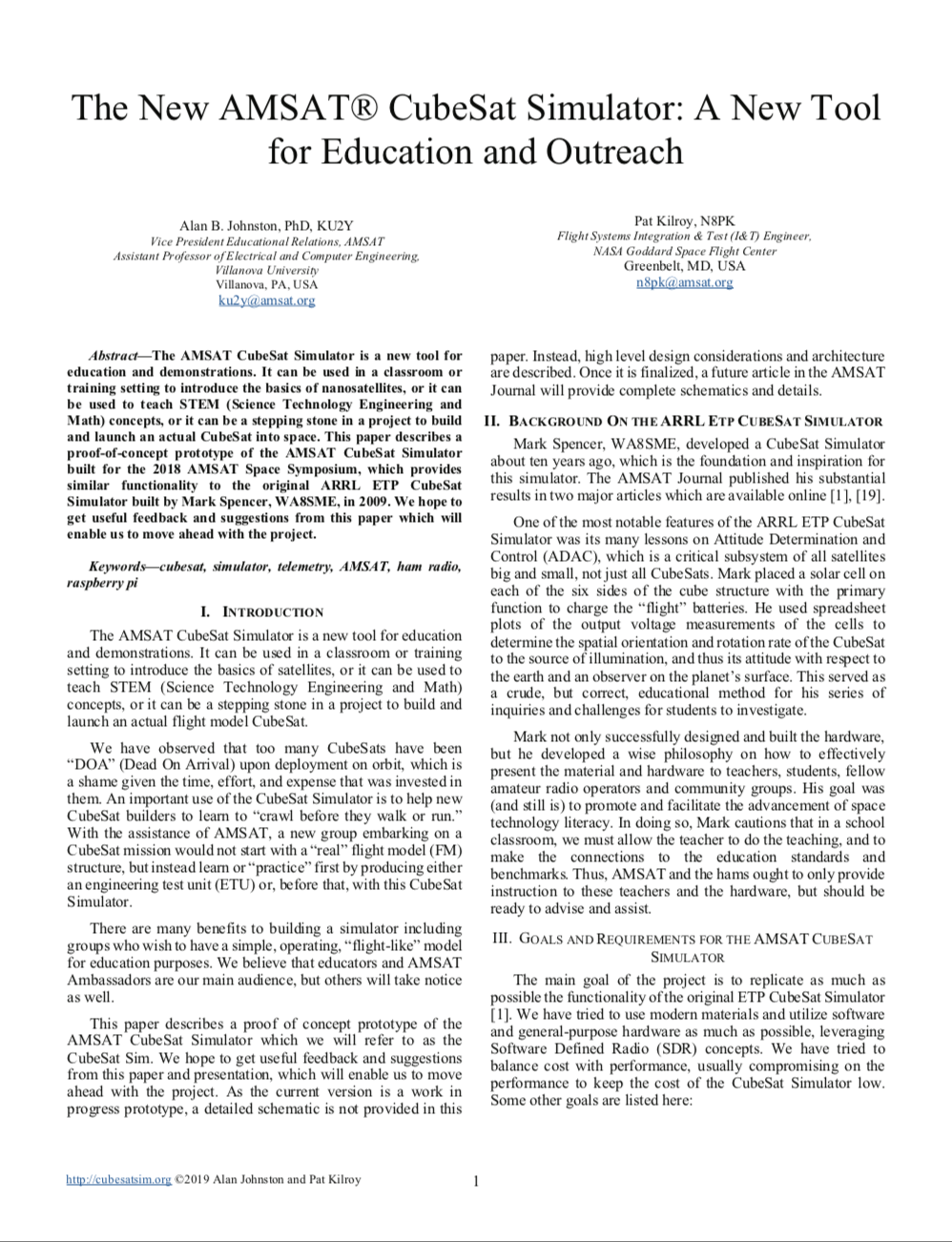 Papers on the CubeSat Simulator
